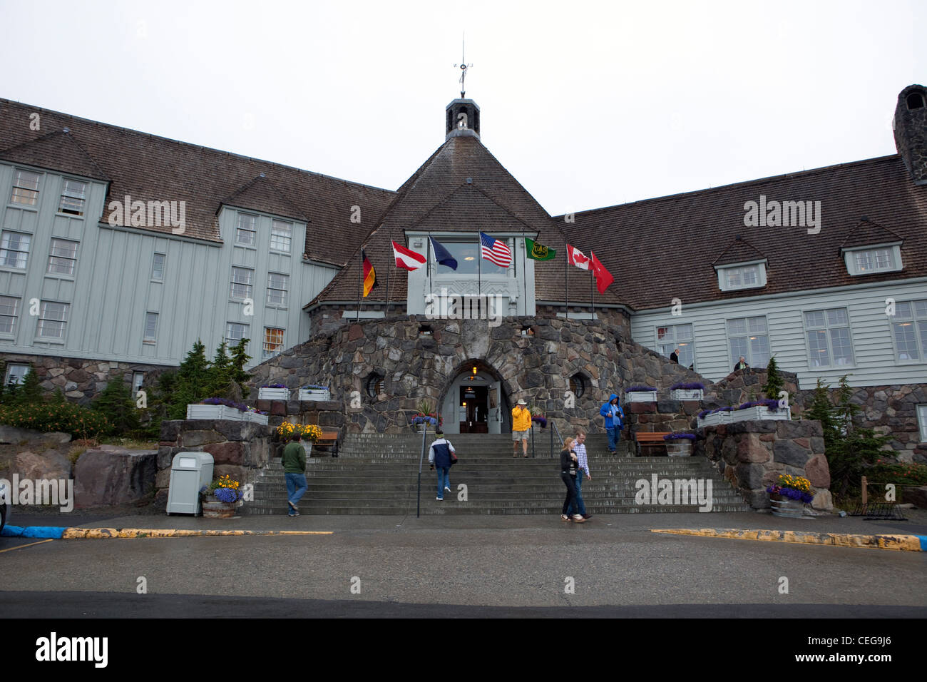 A view of the exterior of the Timberline Lodge near Mt Hood in Oregon ...