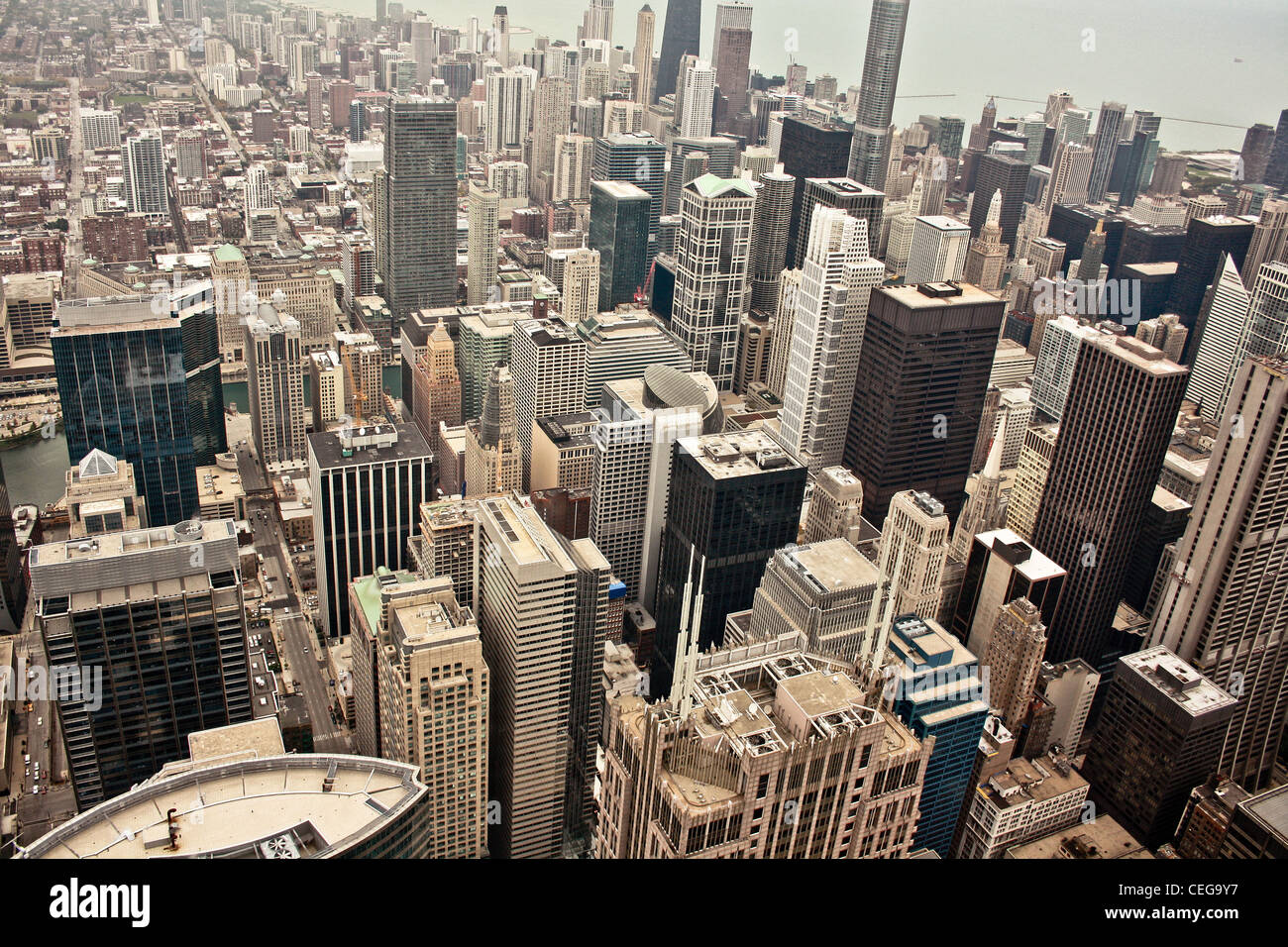 Aerial view of the city of Chicago showing the densely packed buildings ...