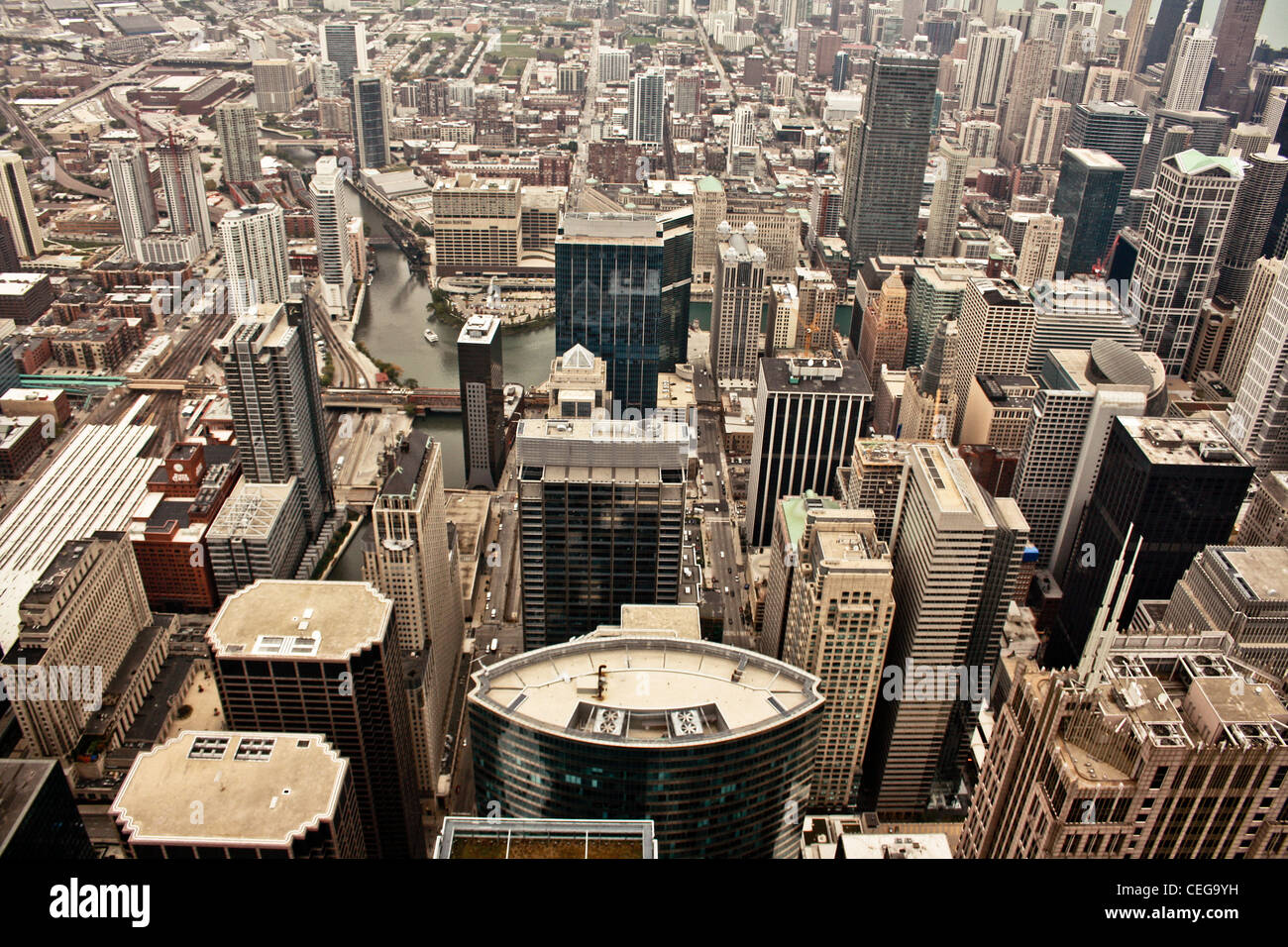 Aerial view of the city of Chicago showing the densely packed buildings ...