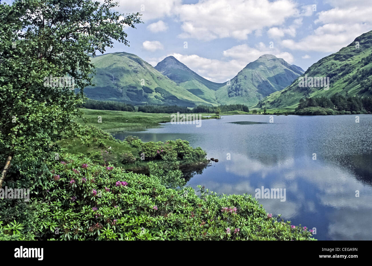 Early summer view of Glen Coe hills from Glen Etive in Scotland with ...