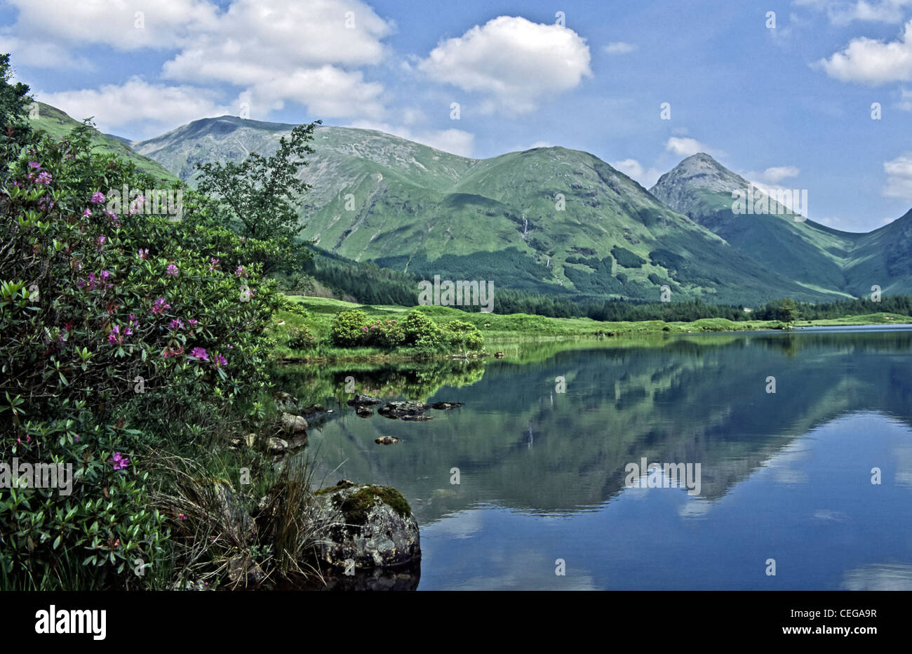 Early summer view of Glen Coe hills from Glen Etive in Scotland with ...