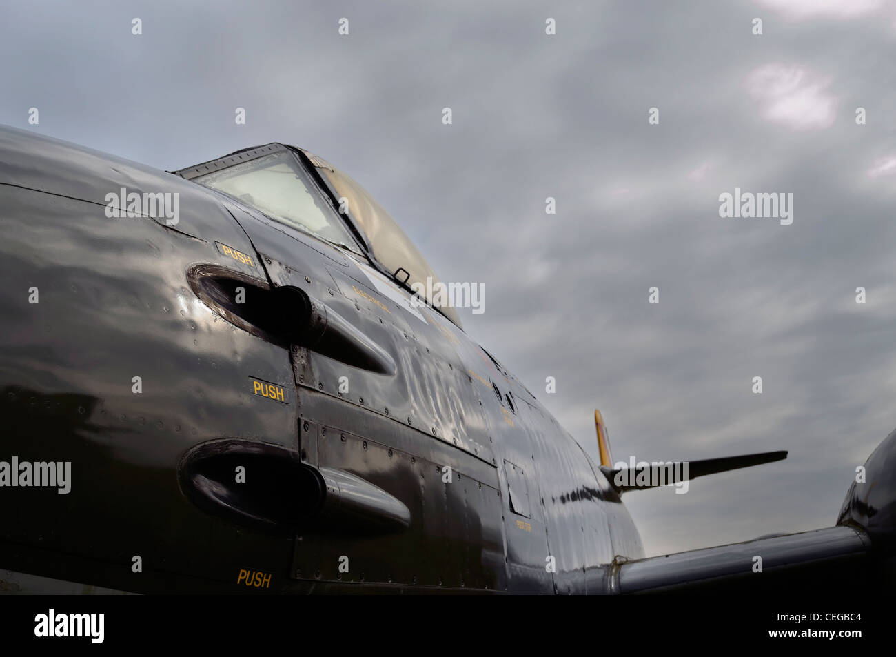 Gloster Meteor aircraft cockpit against stormy sky Stock Photo - Alamy