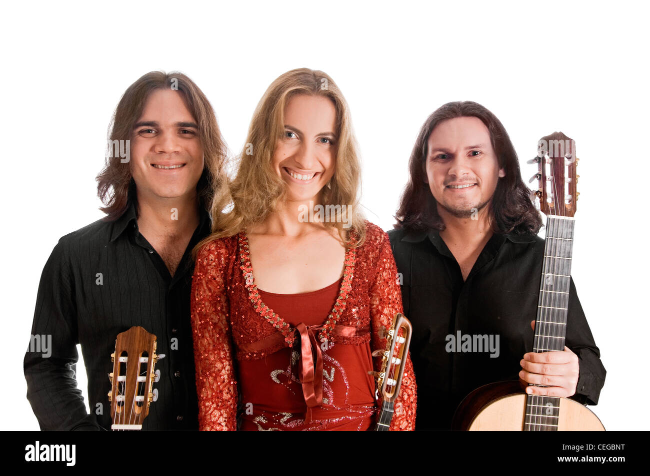 three smiling musicians isolated on white background Stock Photo - Alamy