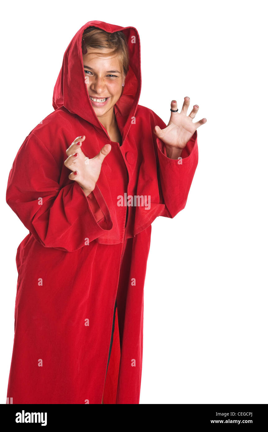 Girl sorcerer wearing red robe isolated on white Stock Photo - Alamy