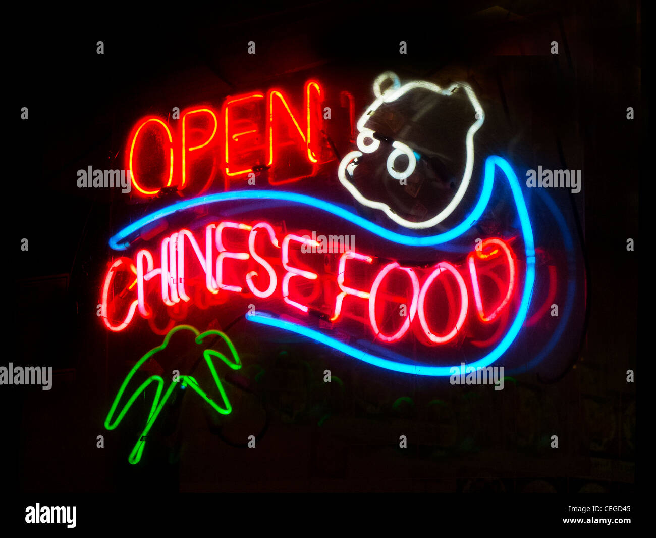 open Chinese food neon sign Stock Photo - Alamy