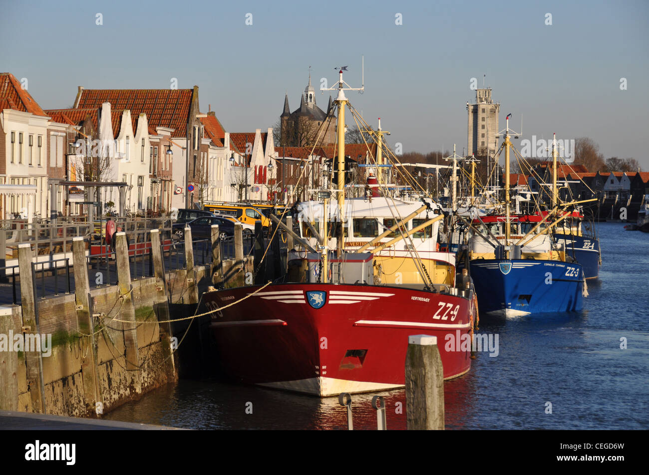 coloured fishing boats in Zierikzee harbour , Netherlands, Europe Stock ...