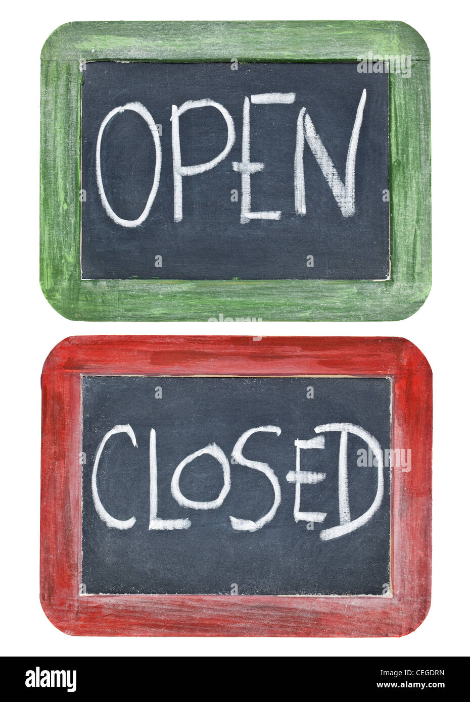 open and closed signs - white chalk handwriting on two small slate ...