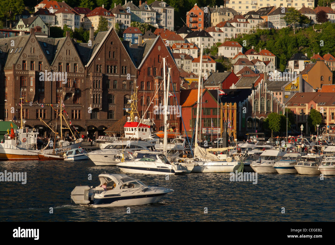 Cityscape of Bergen, Norway viewed from the sea on board the express ...
