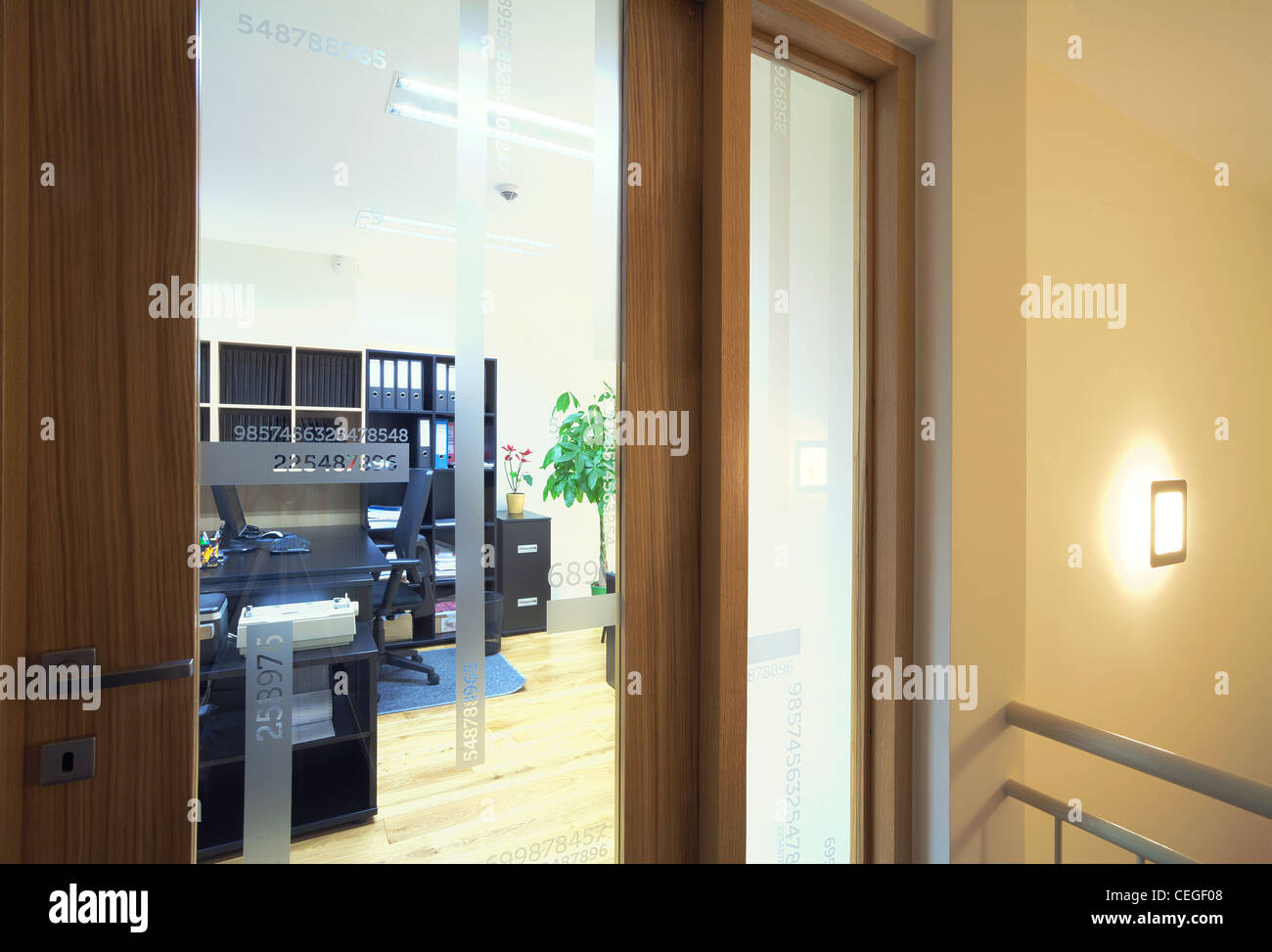 Entrance of an office, view through wooden door on office interior ...