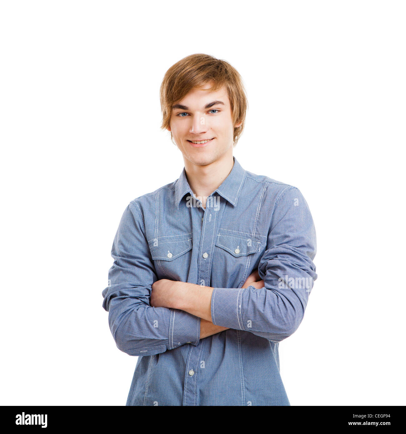 Happy young man with arms folded, isolated over a white background ...