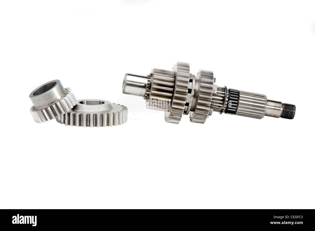 A gearset and two drive gears taken from a gearbox shot in the studio ...