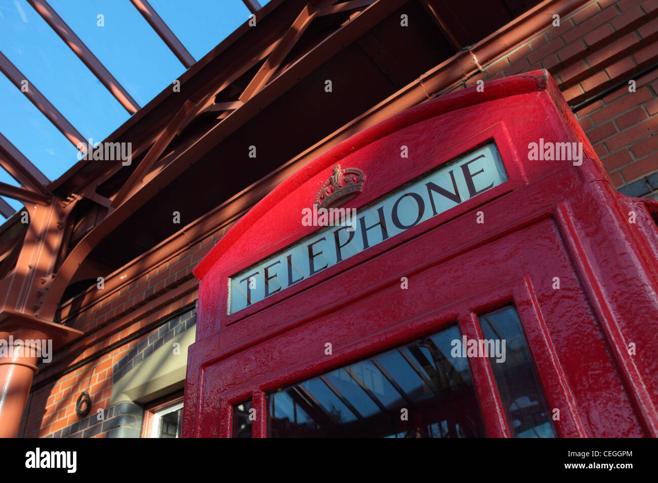 Red telephone boxes on a steam railway station concourse, Kidderminster ...
