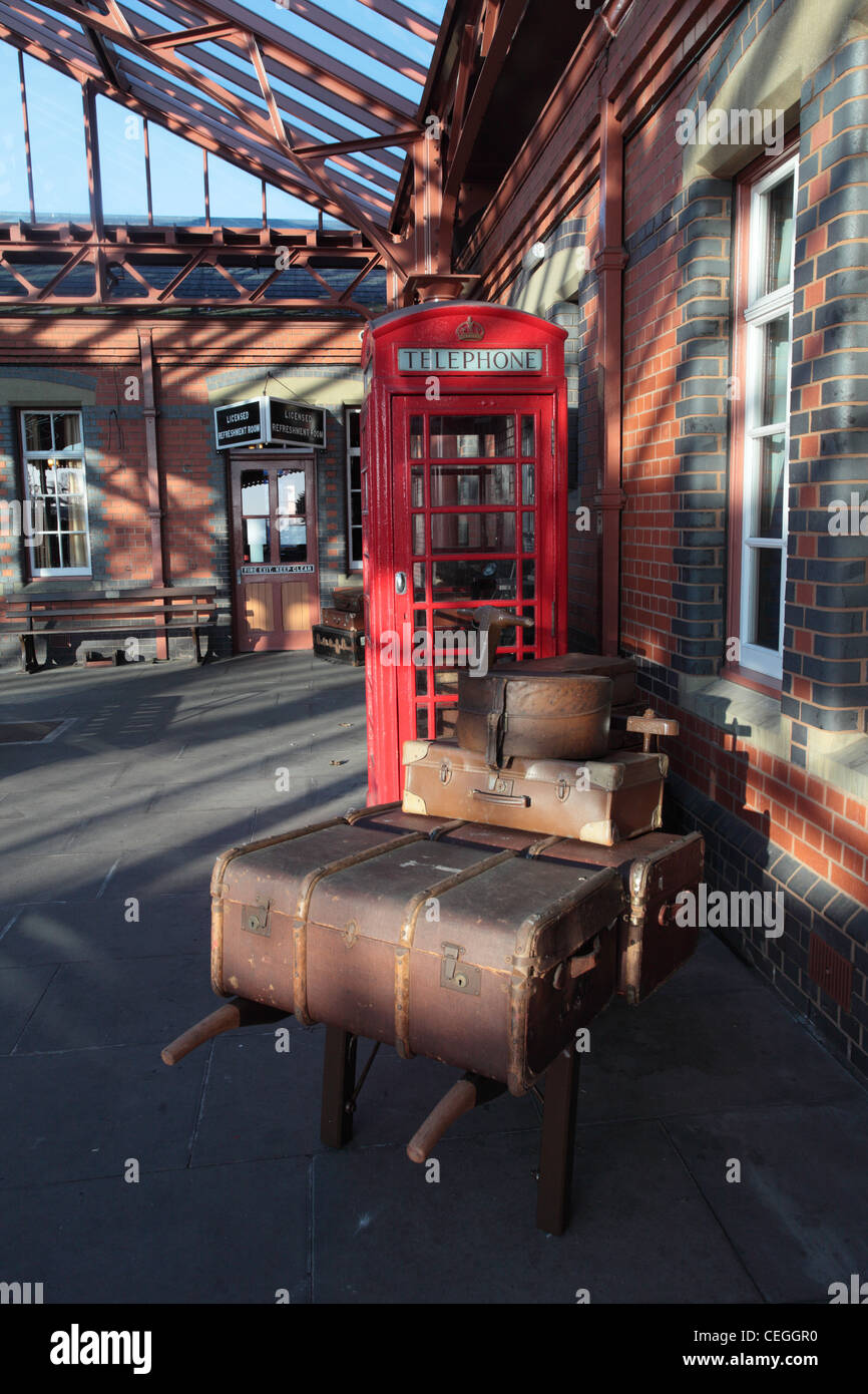 Red telephone boxes on a steam railway station concourse, Kidderminster ...