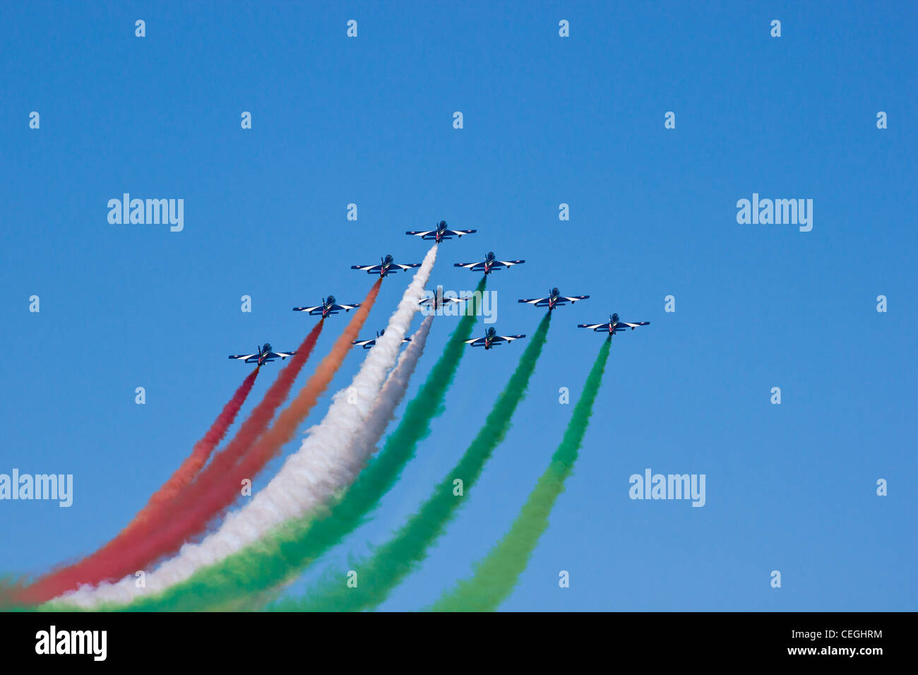 The Italian acrobatic team "Frecce Tricolori" during an airshow Stock ...