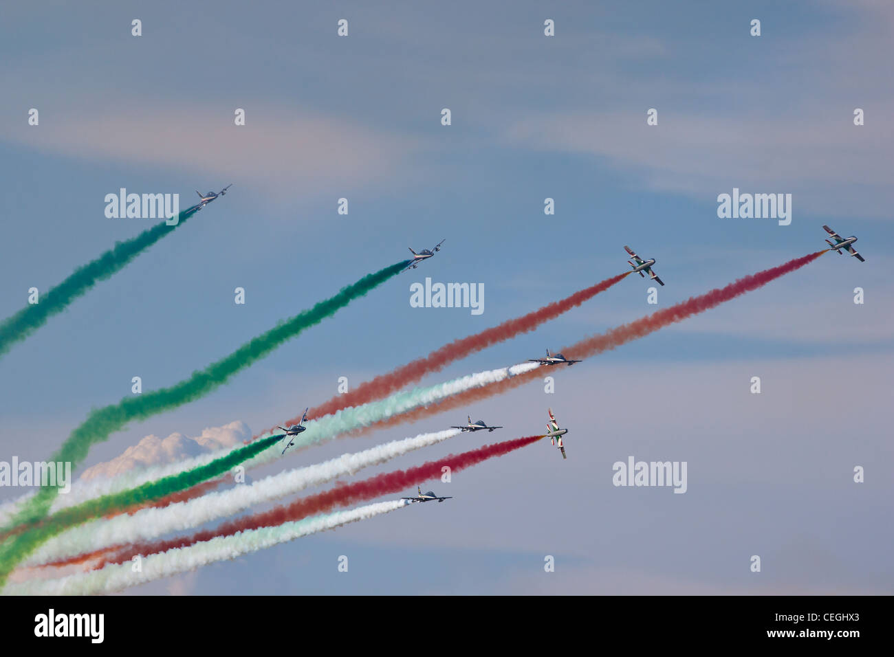 The Italian acrobatic team "Frecce Tricolori" during an airshow Stock ...