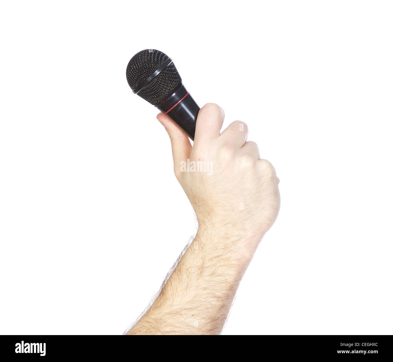 Hand holding a black microphone isolated on white Stock Photo - Alamy