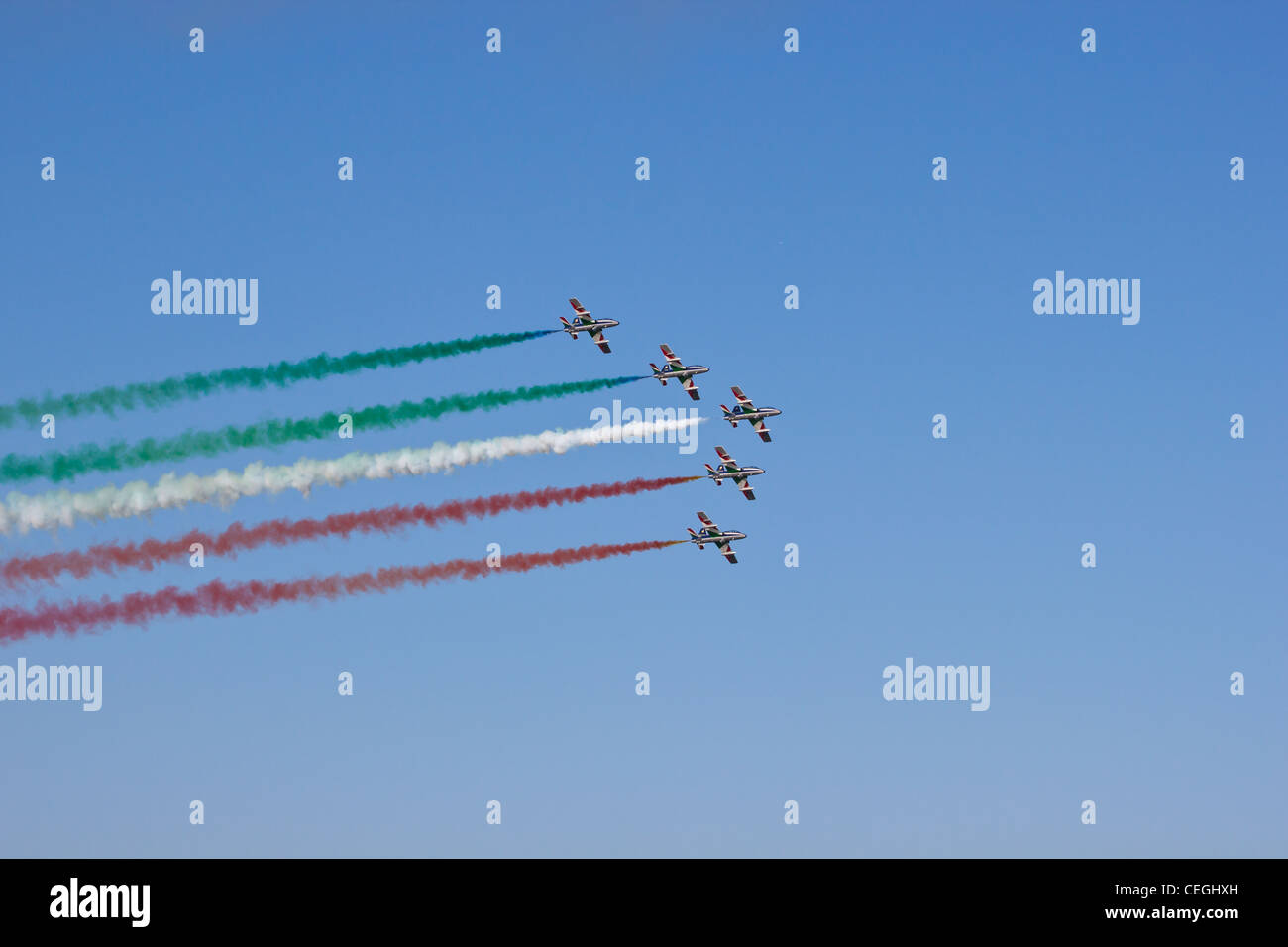 The Italian acrobatic team "Frecce Tricolori" during an airshow Stock ...