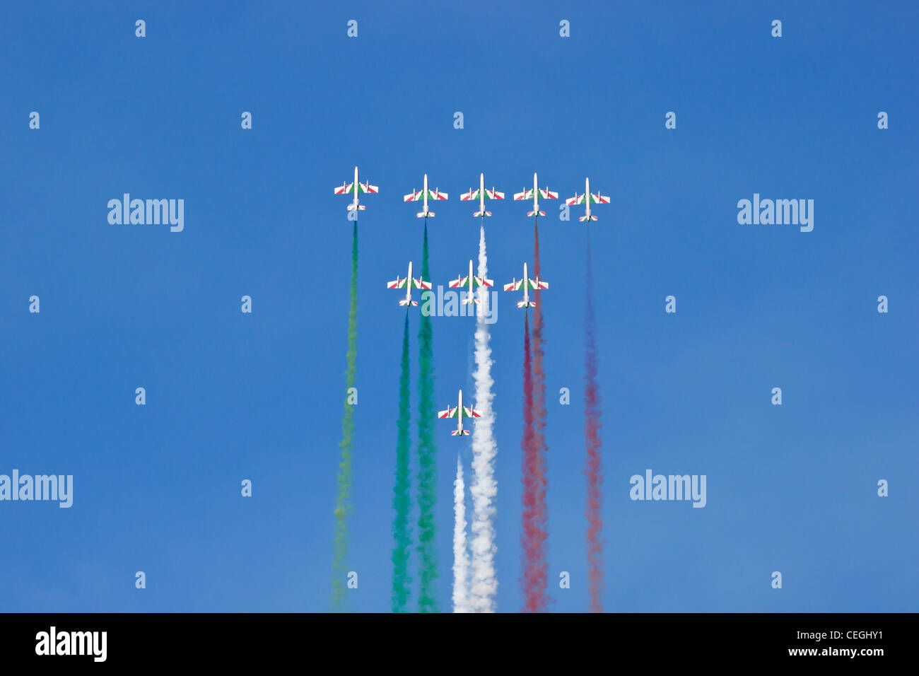 The Italian acrobatic team "Frecce Tricolori" during an airshow Stock ...