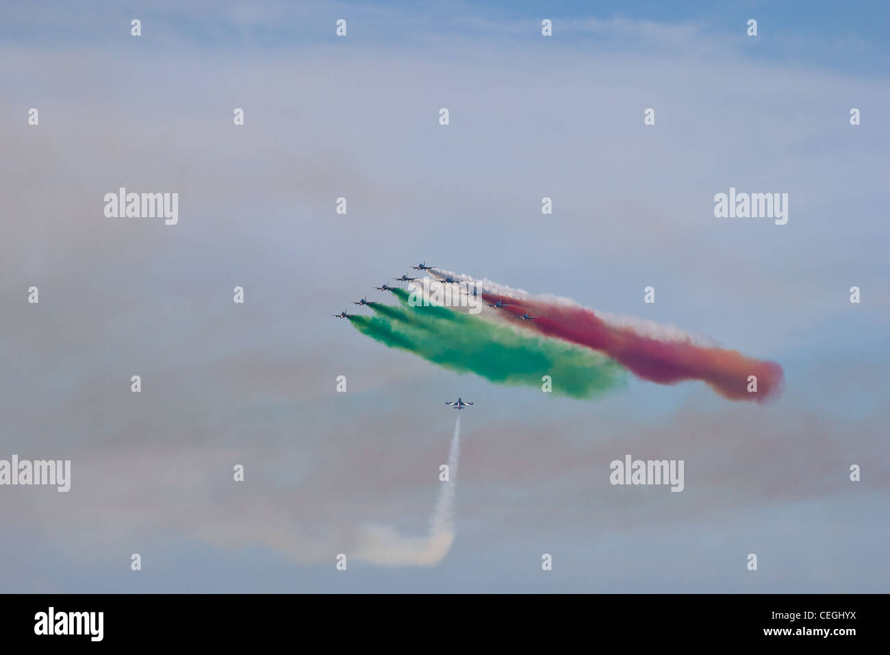 The Italian acrobatic team "Frecce Tricolori" during an airshow Stock ...