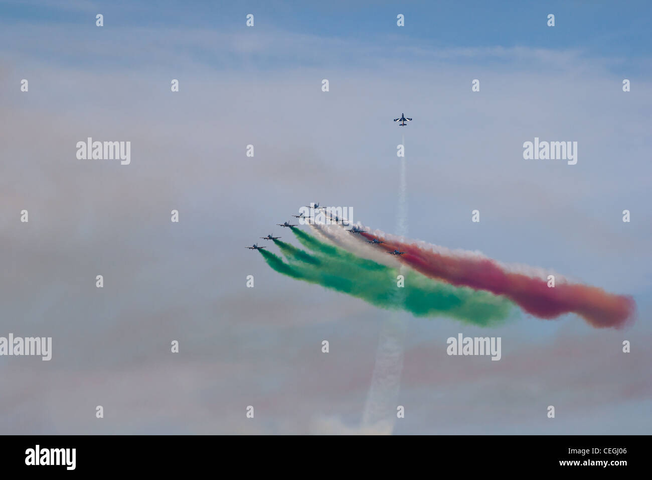 The Italian acrobatic team "Frecce Tricolori" during an airshow Stock ...