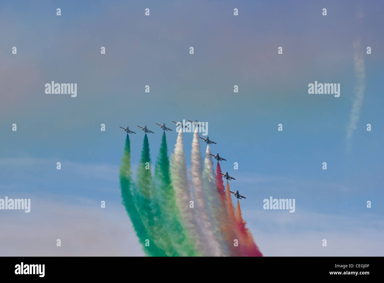 The Italian acrobatic team "Frecce Tricolori" during an airshow Stock ...