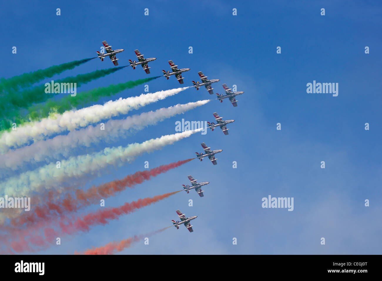 The Italian acrobatic team "Frecce Tricolori" during an airshow Stock ...