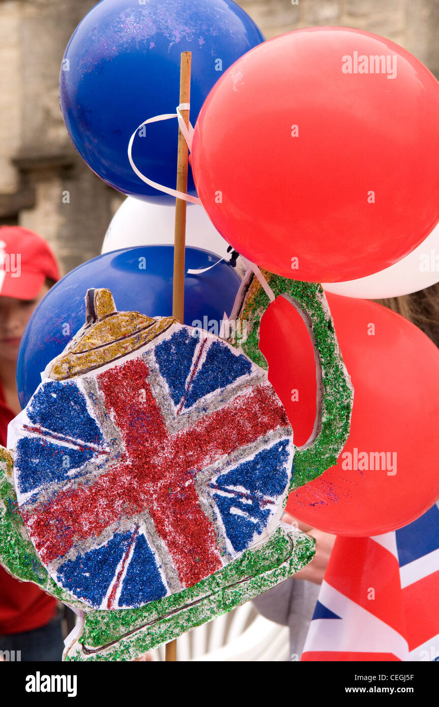 Red, White and Blue balloons at a traditional street party, England, UK ...