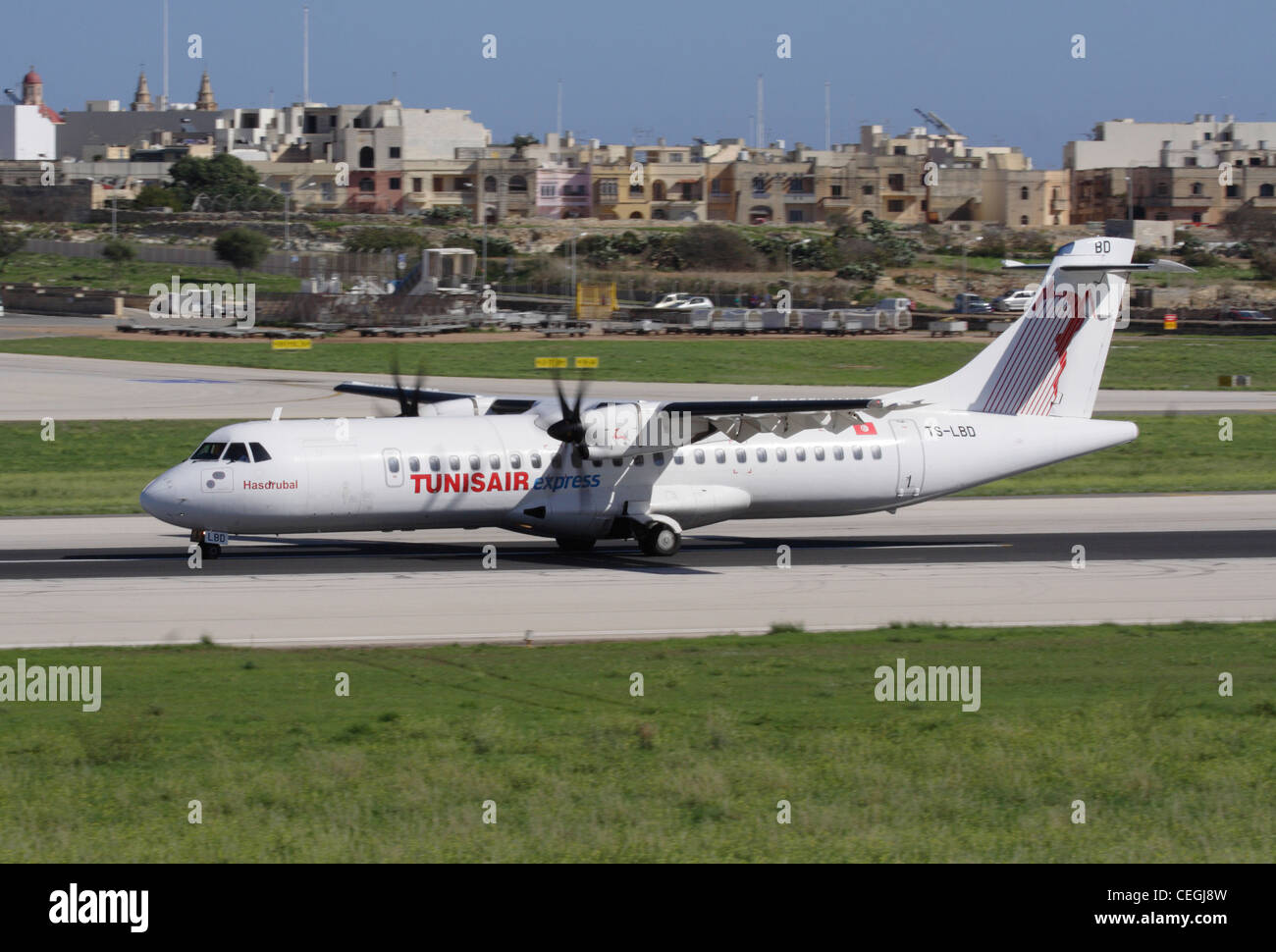 Short haul air travel. Tunisair Express ATR 72-500 turboprop regional ...