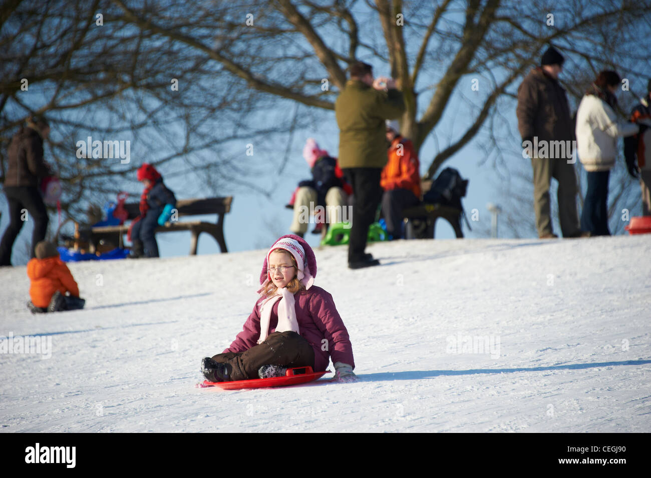 A children sledding downhill winter Stock Photo - Alamy