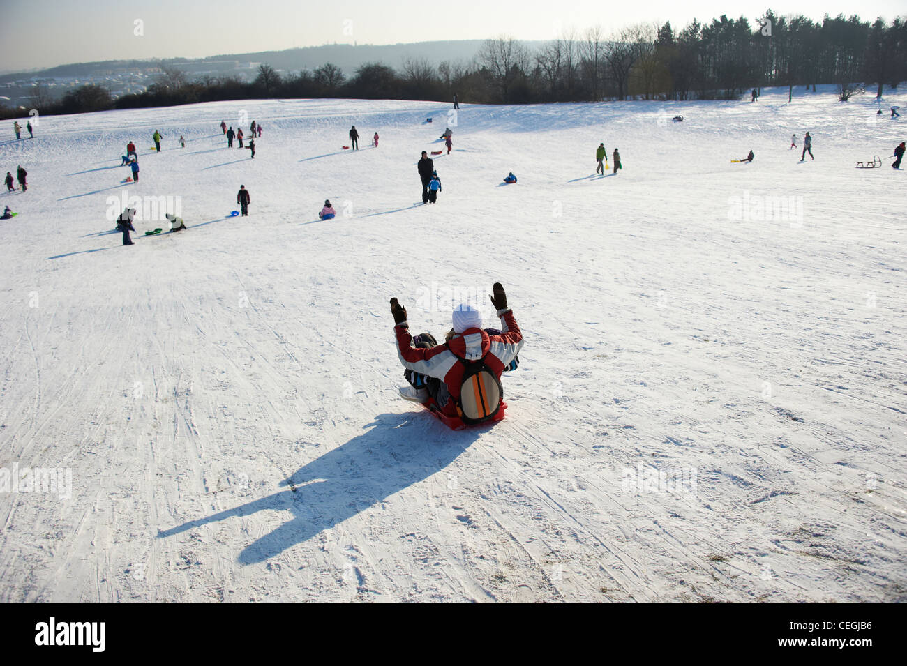 A children sledding downhill winter Stock Photo - Alamy