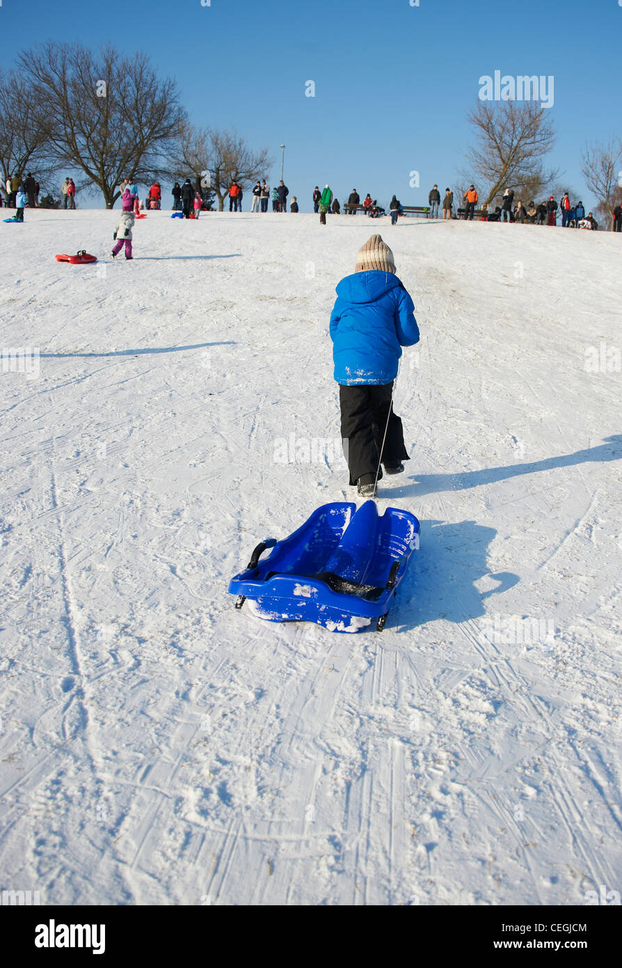 A children sledding downhill winter Stock Photo - Alamy