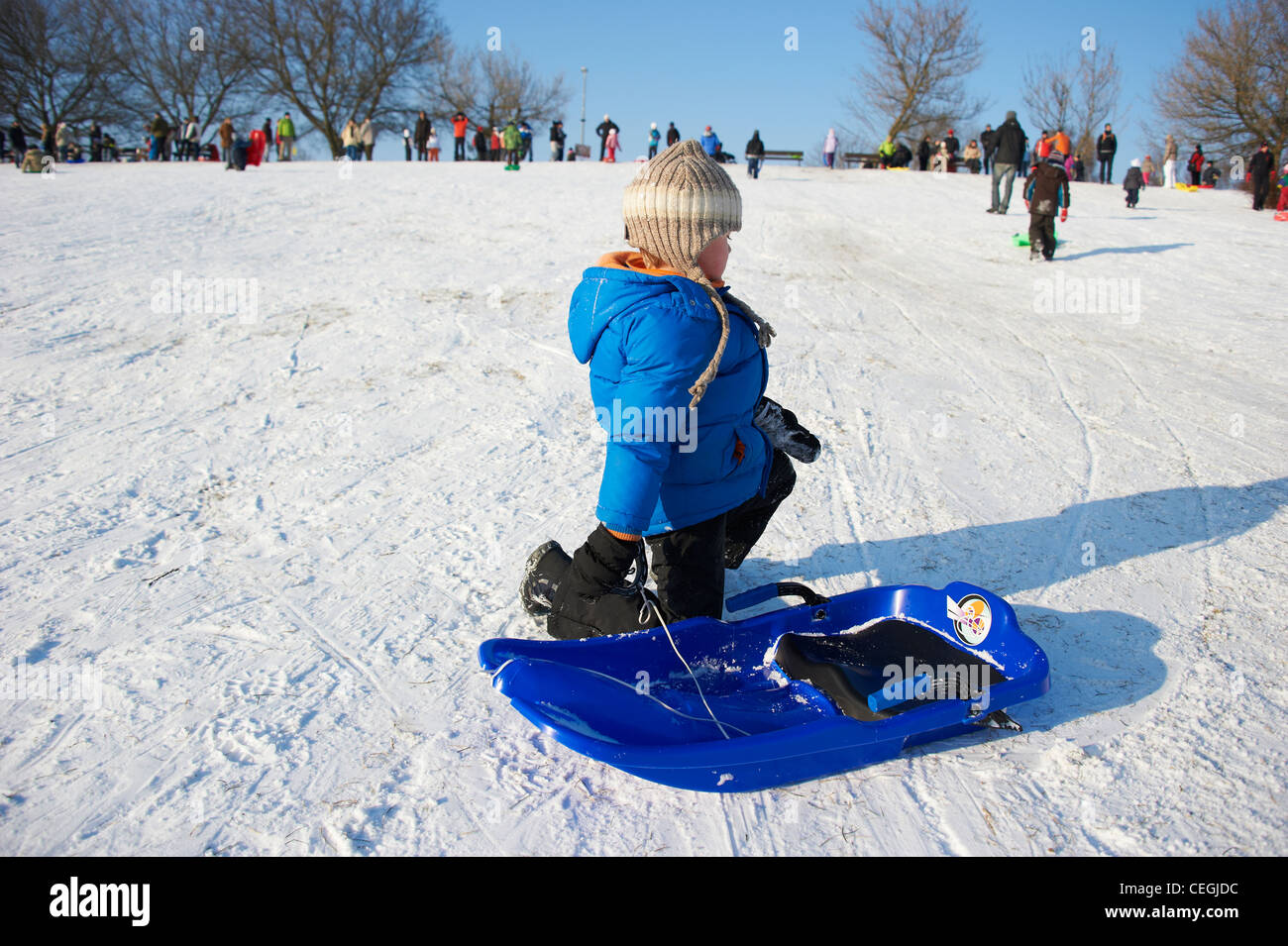 A child little boy sledding downhill winter Stock Photo - Alamy