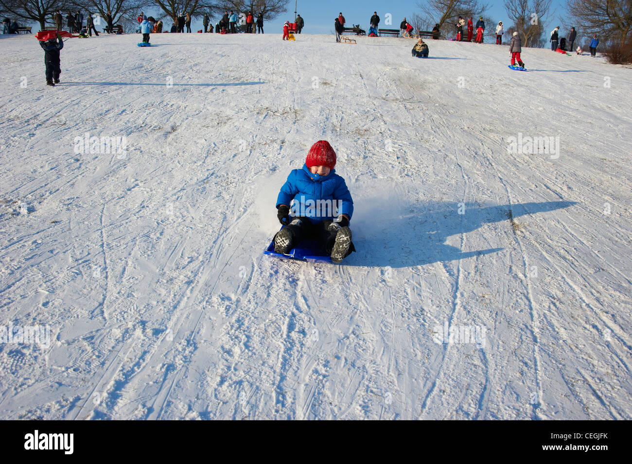 A child little boy sledding downhill winter Stock Photo - Alamy
