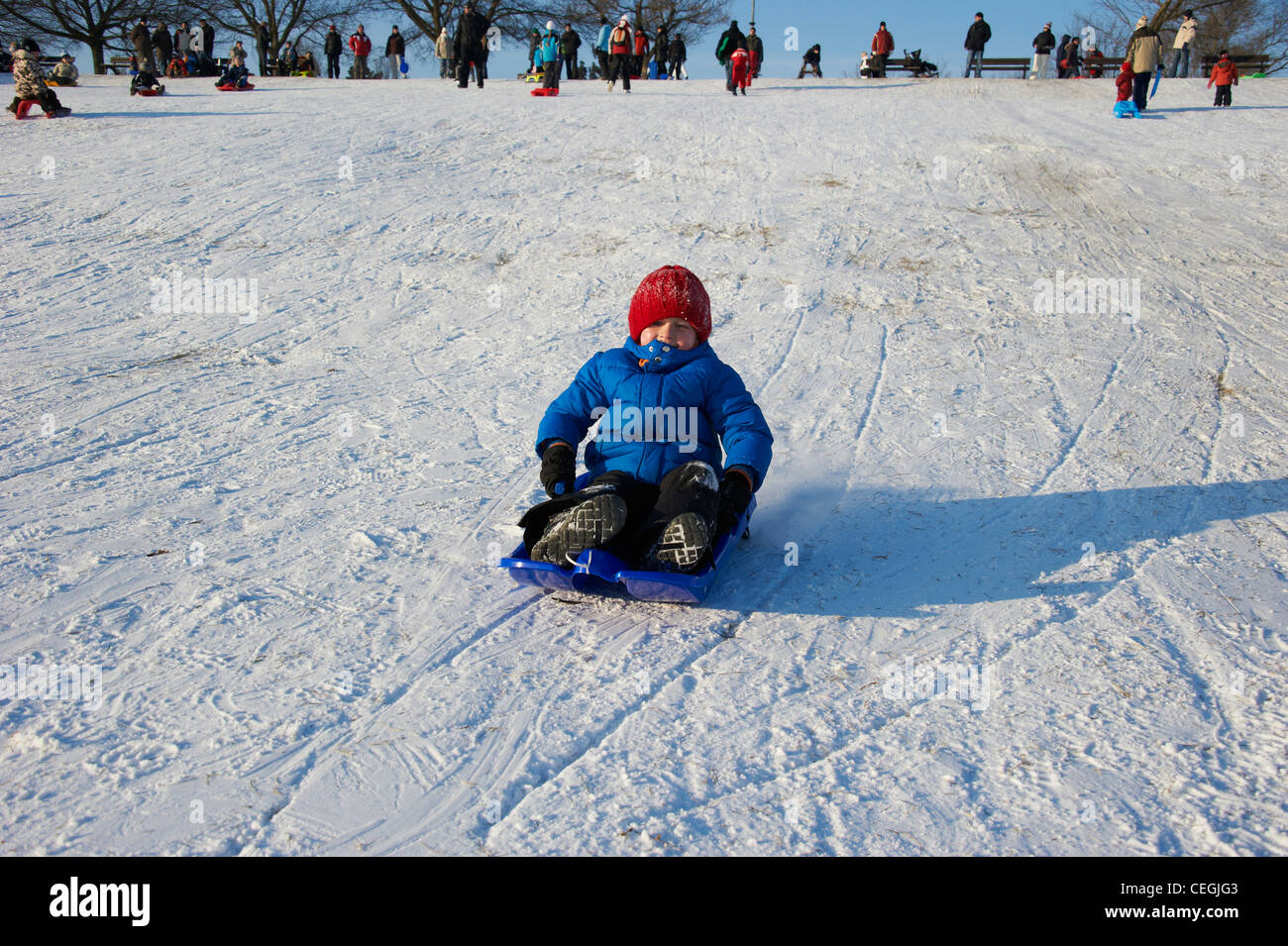 A child little boy sledding downhill winter Stock Photo - Alamy