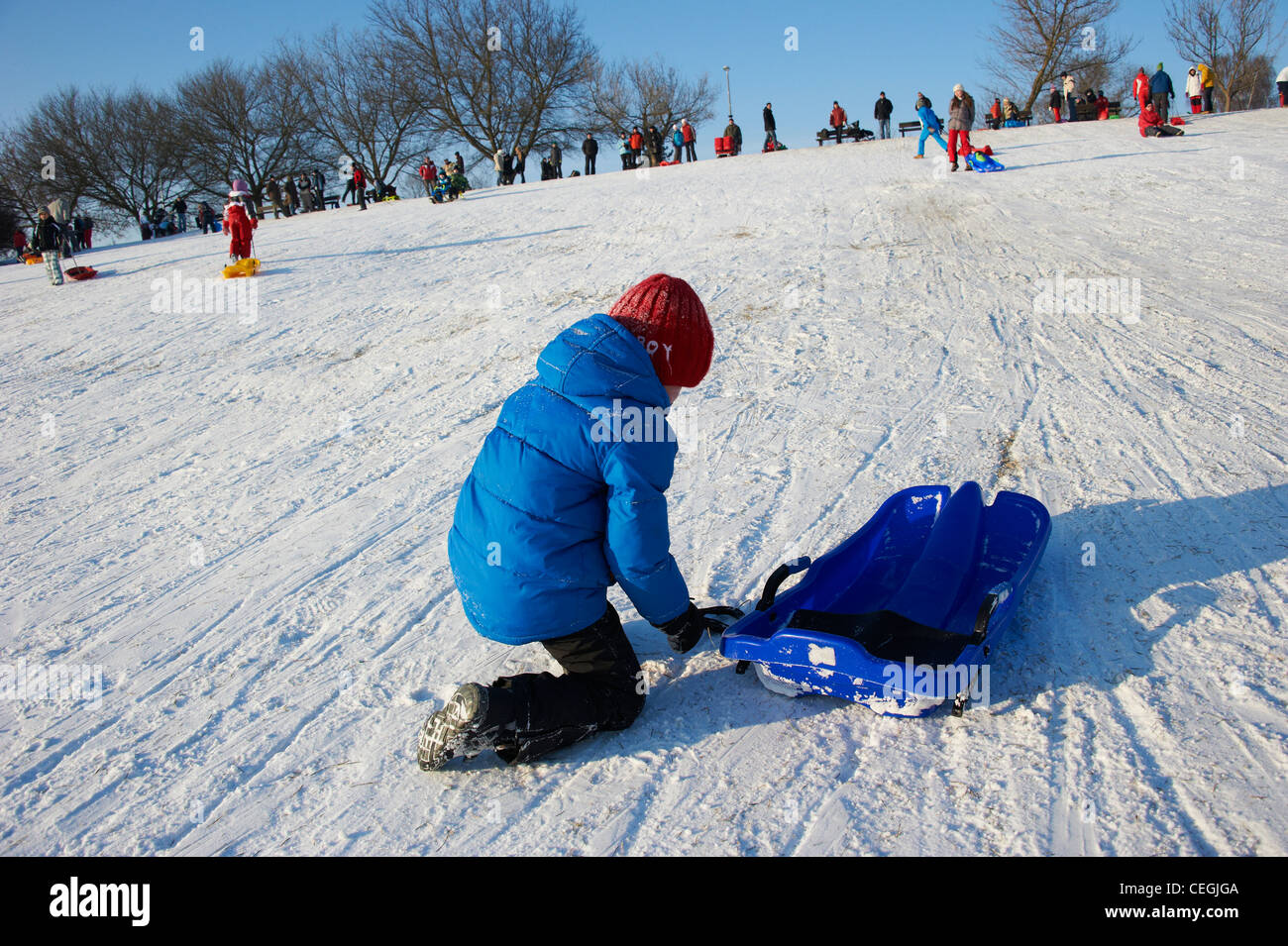 A child little boy sledding downhill winter Stock Photo - Alamy