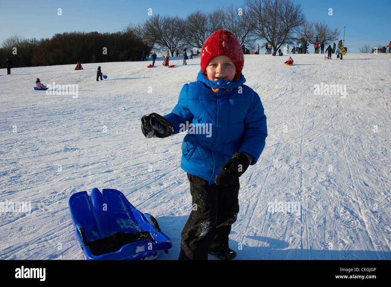 A child little boy sledding downhill winter Stock Photo - Alamy