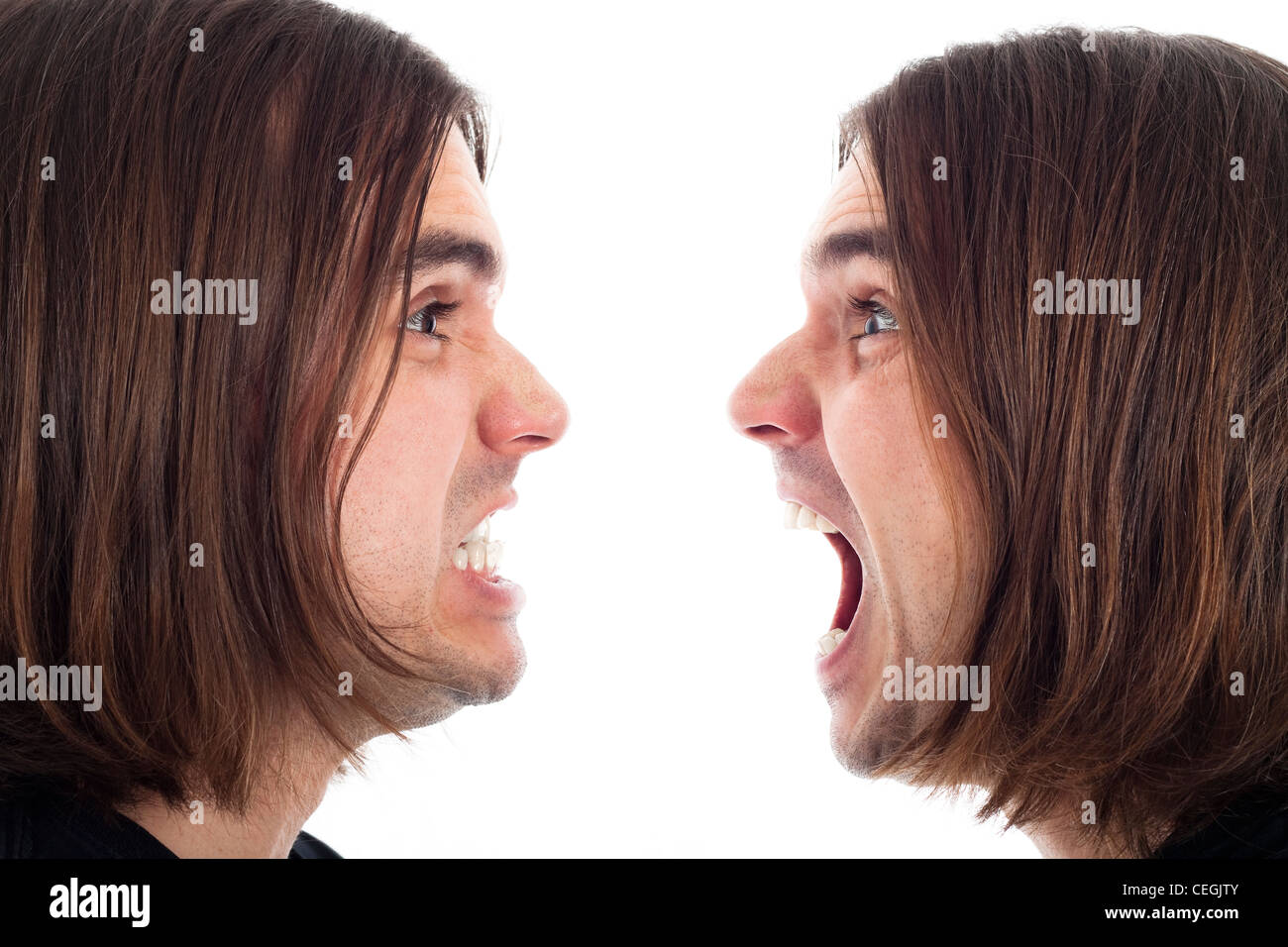 Profiles of young long haired man face shouting, isolated on white ...