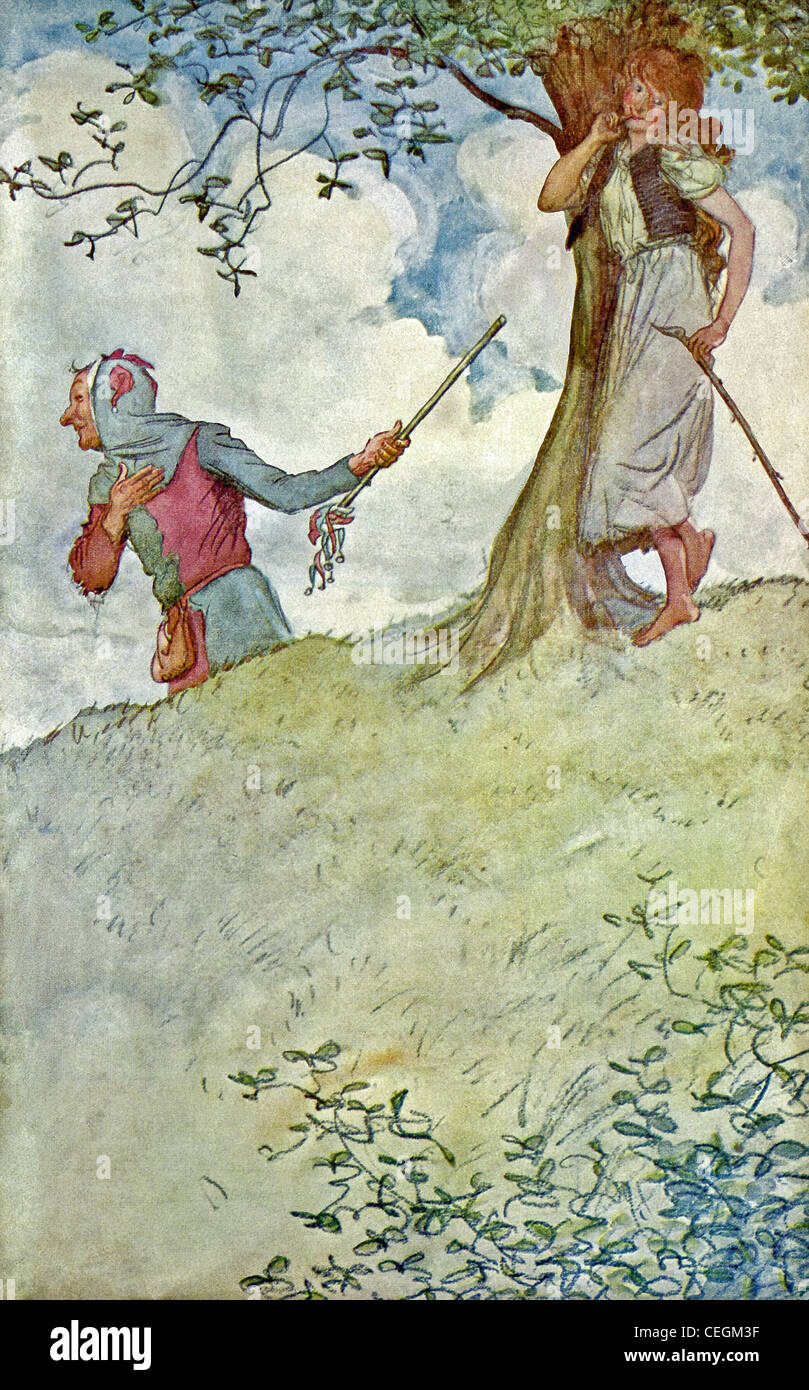 This image shows Touchstone, the Court Fool, with Audrey, a country ...