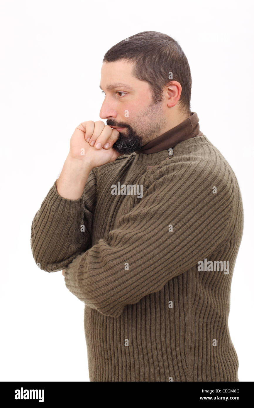 Portrait of man thinking on white background Stock Photo - Alamy
