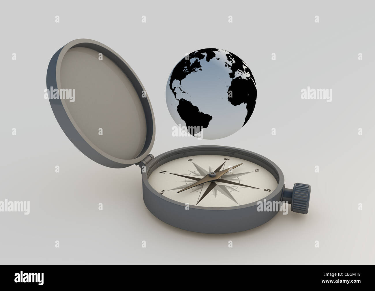 render of a compass with a floating globe Stock Photo - Alamy