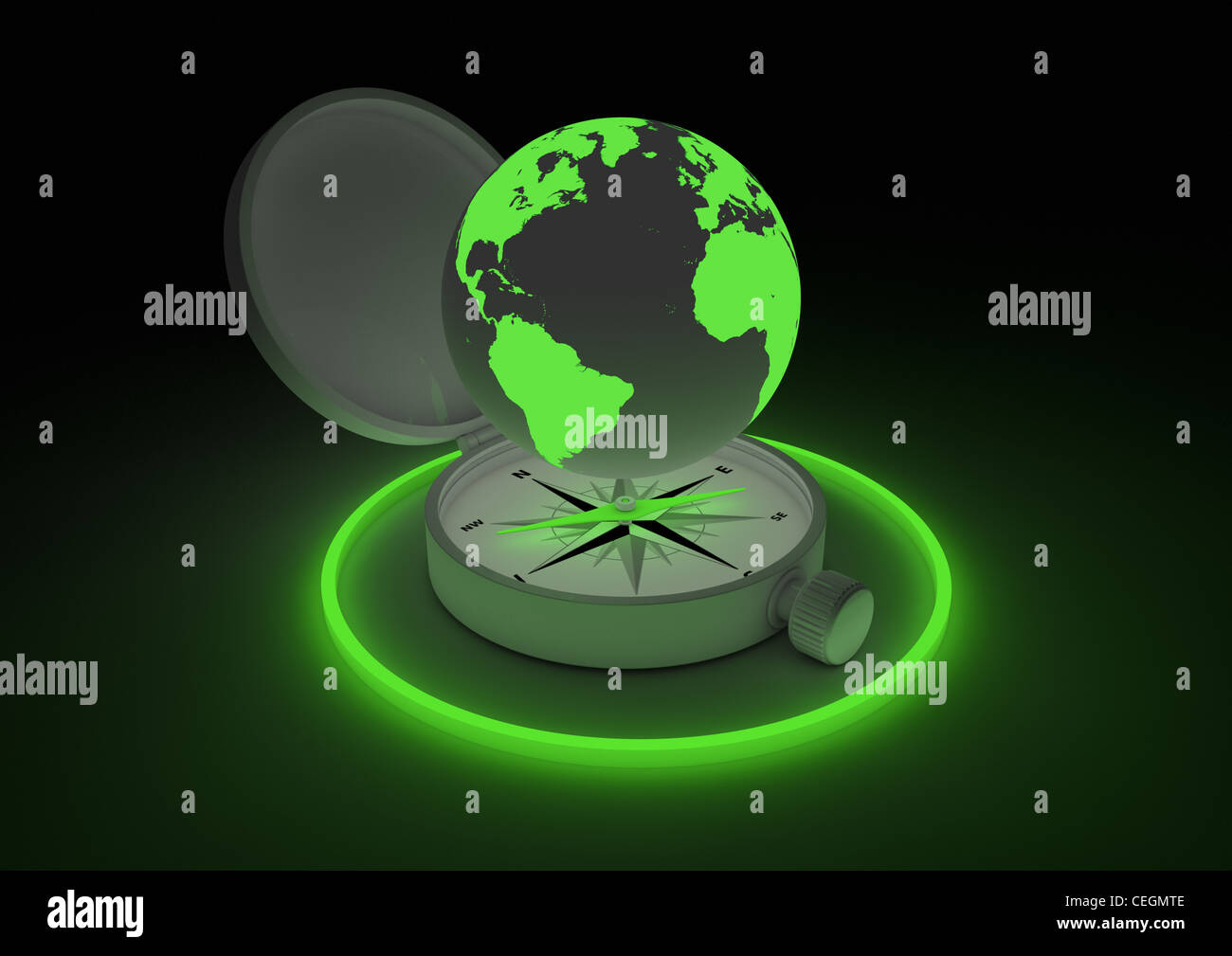 render of a compass with a floating globe Stock Photo - Alamy