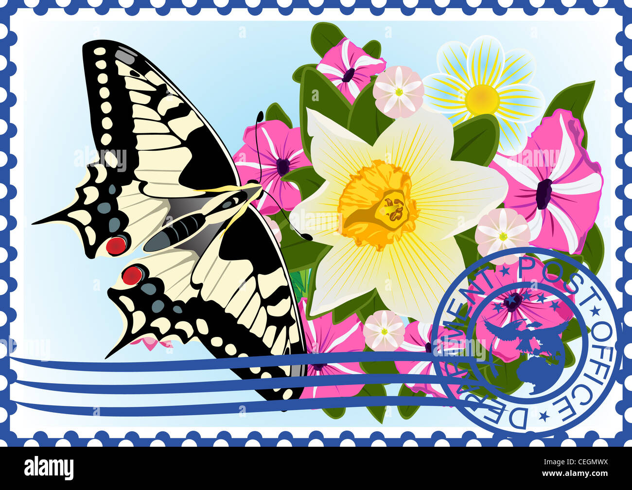 Postage stamp. Butterfly and flowers Stock Photo - Alamy