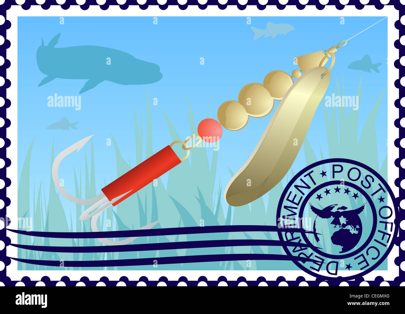 Postage stamp. Fishing tackle Stock Photo - Alamy