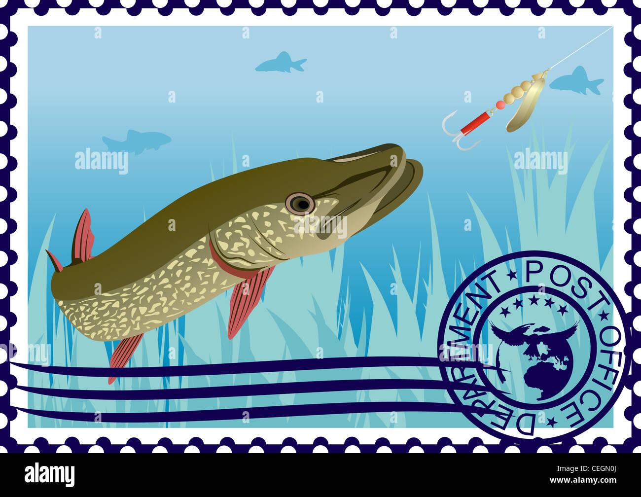 Postage stamp. The hunt for pike Stock Photo - Alamy