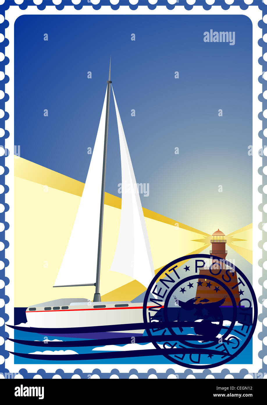 Postage stamp. Yacht at sea and the lighthouse Stock Photo - Alamy