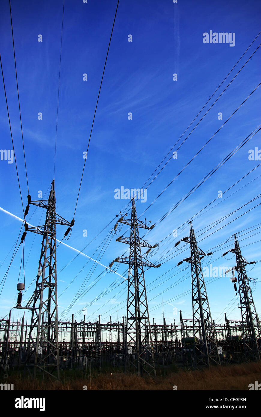 Voltage power lines Stock Photo - Alamy