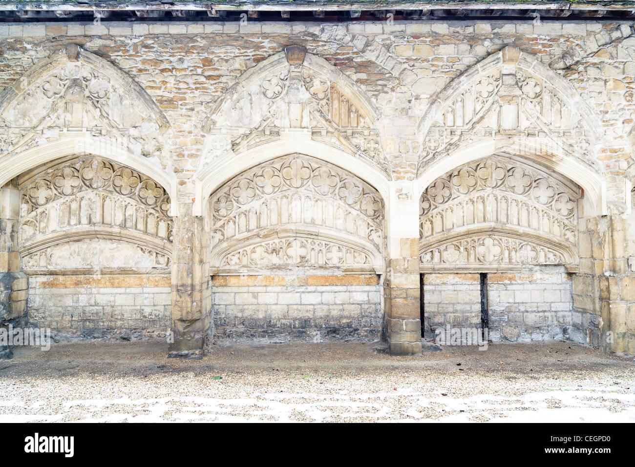 Cloister wall at the medieval cathedral of Peterborough, England Stock ...