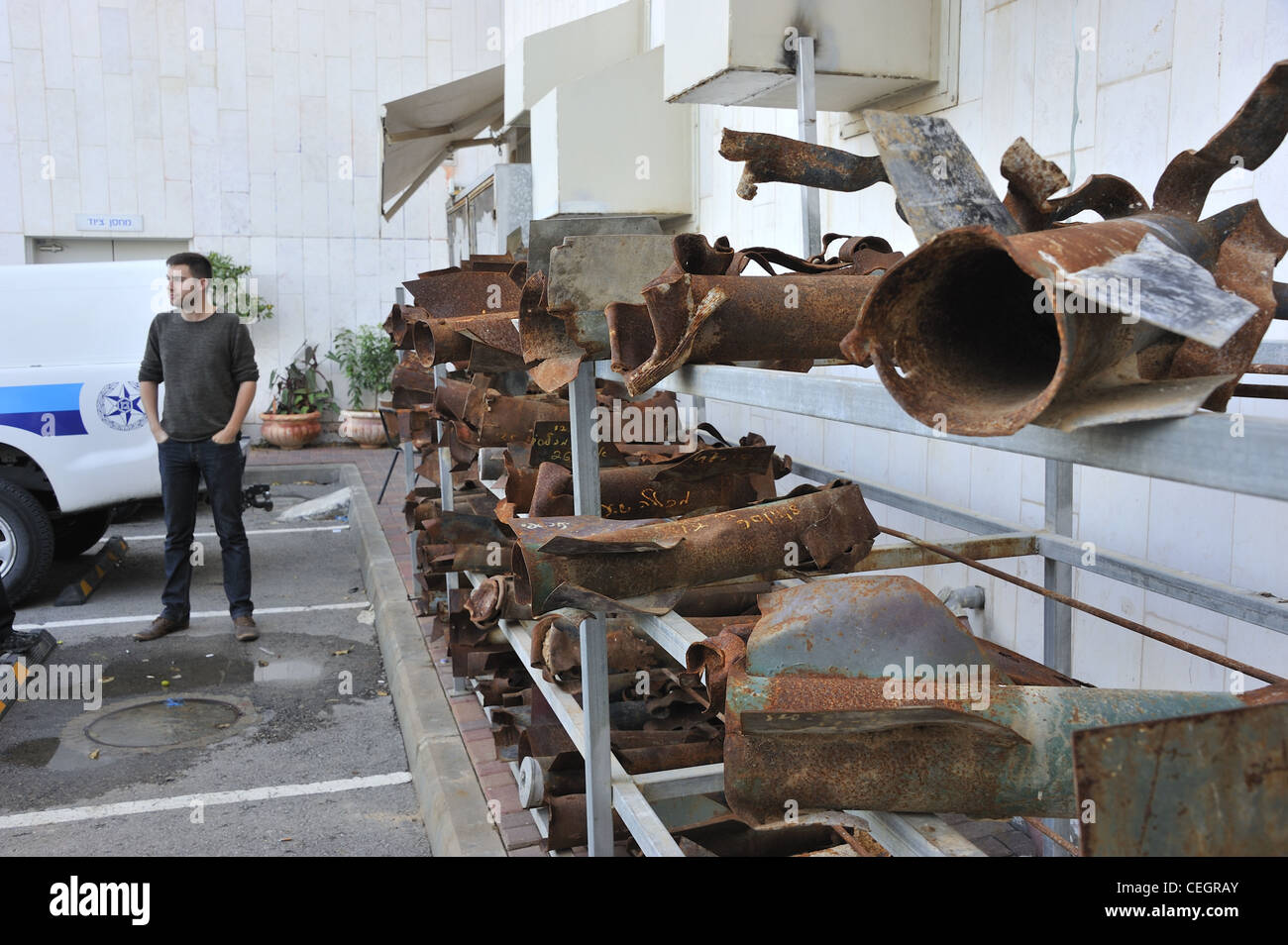 Remnants of exploded Qassam rockets that were fired from the Gaza Strip ...