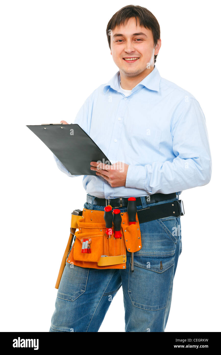 Portrait of construction worker with clipboard Stock Photo - Alamy