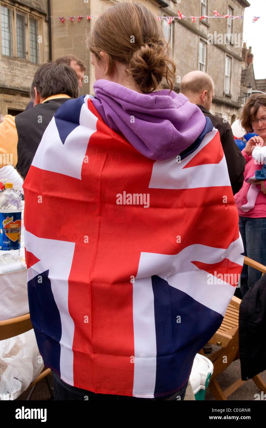 Person wearing a Union Jack flag at a traditional street party Stock ...